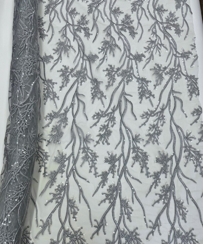 Silver Lace Fabric, Silver Embroidery on Lace, Floral Embroidered Lace ...