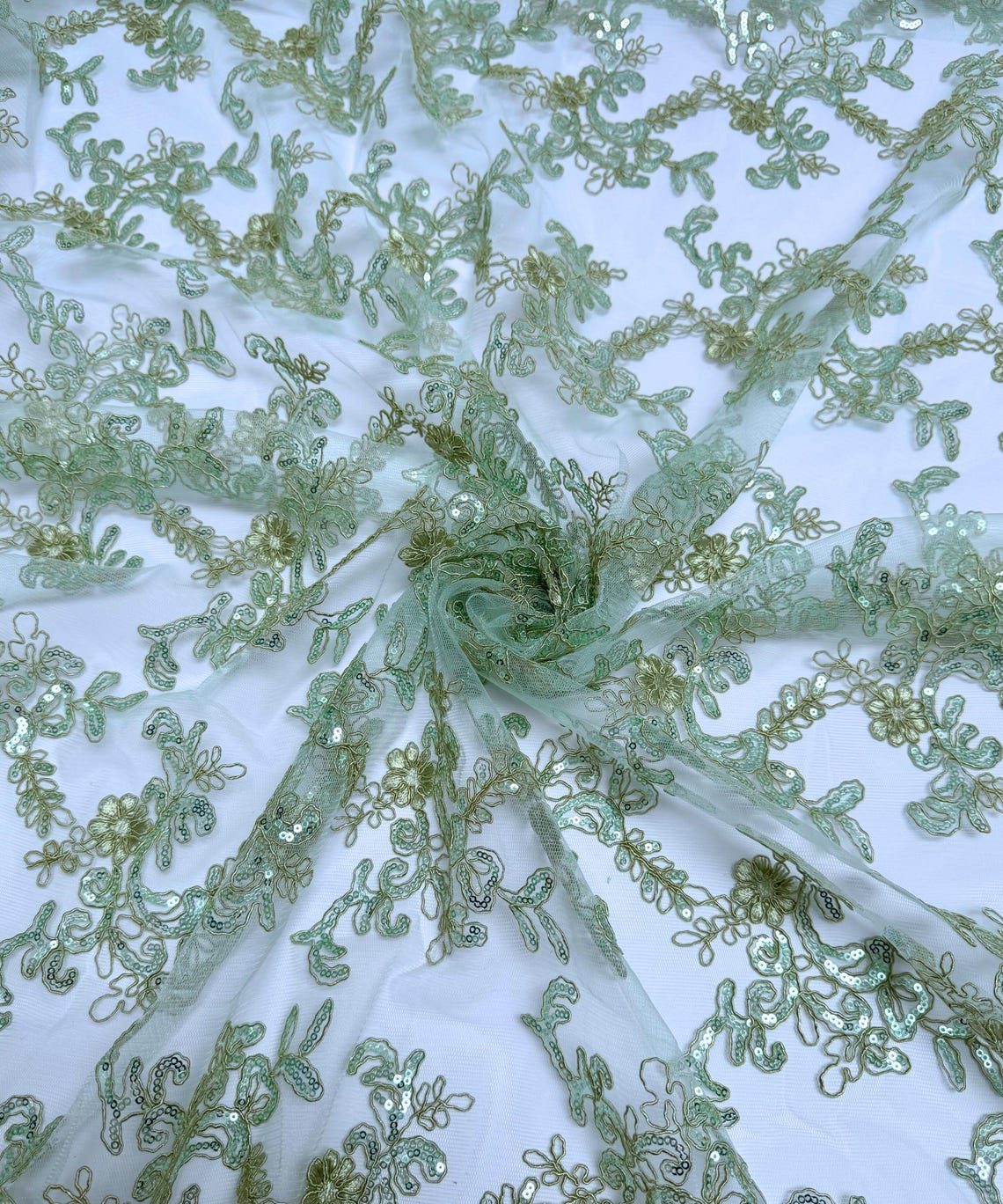Floral Sage Green Lace Fabric by the Yard Sequined Embroidered on Sage ...
