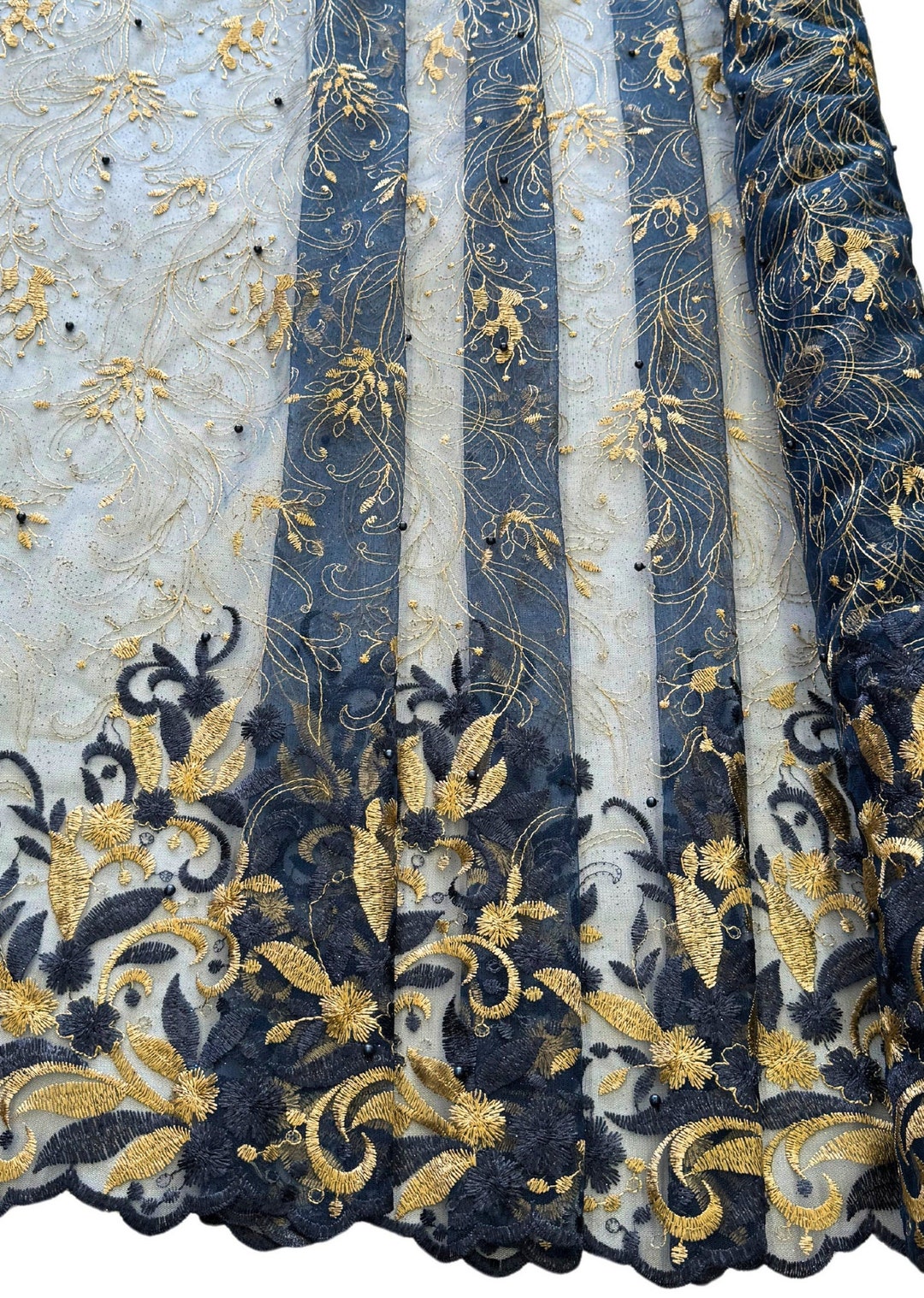 Navy Blue/gold Embroidered Lace Fabric, Floral Embroidery on Lace Navy ...