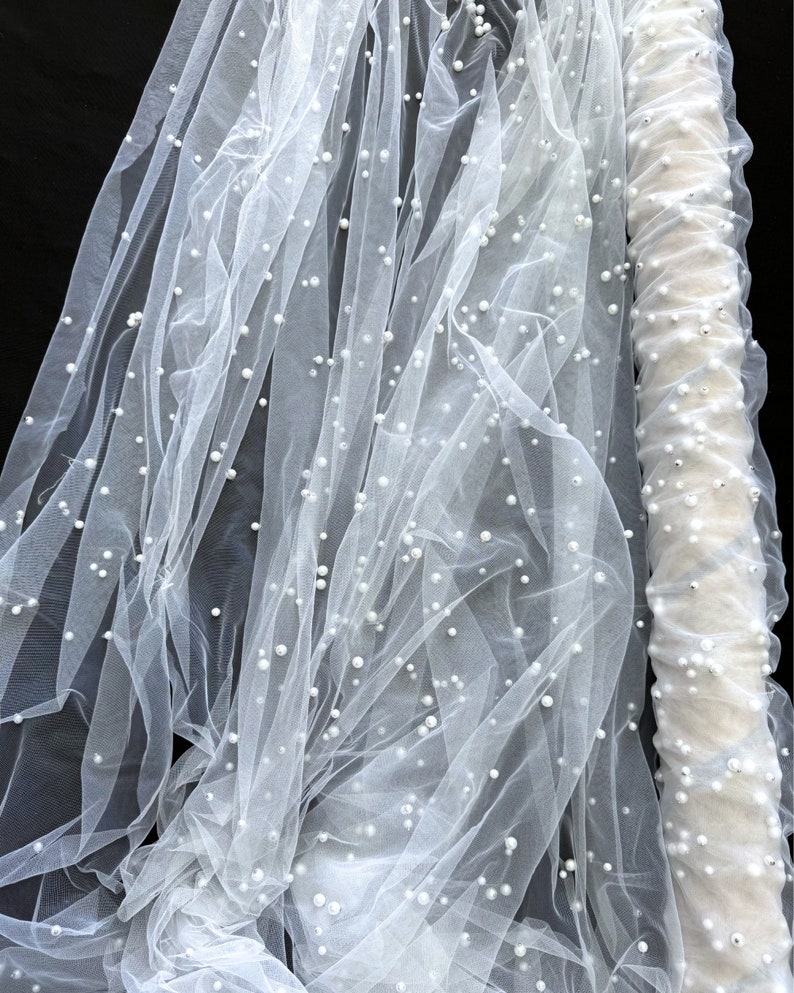 White Pearl Tulle Fabric, Scattered Pearls Studded Mesh, Champagne ...