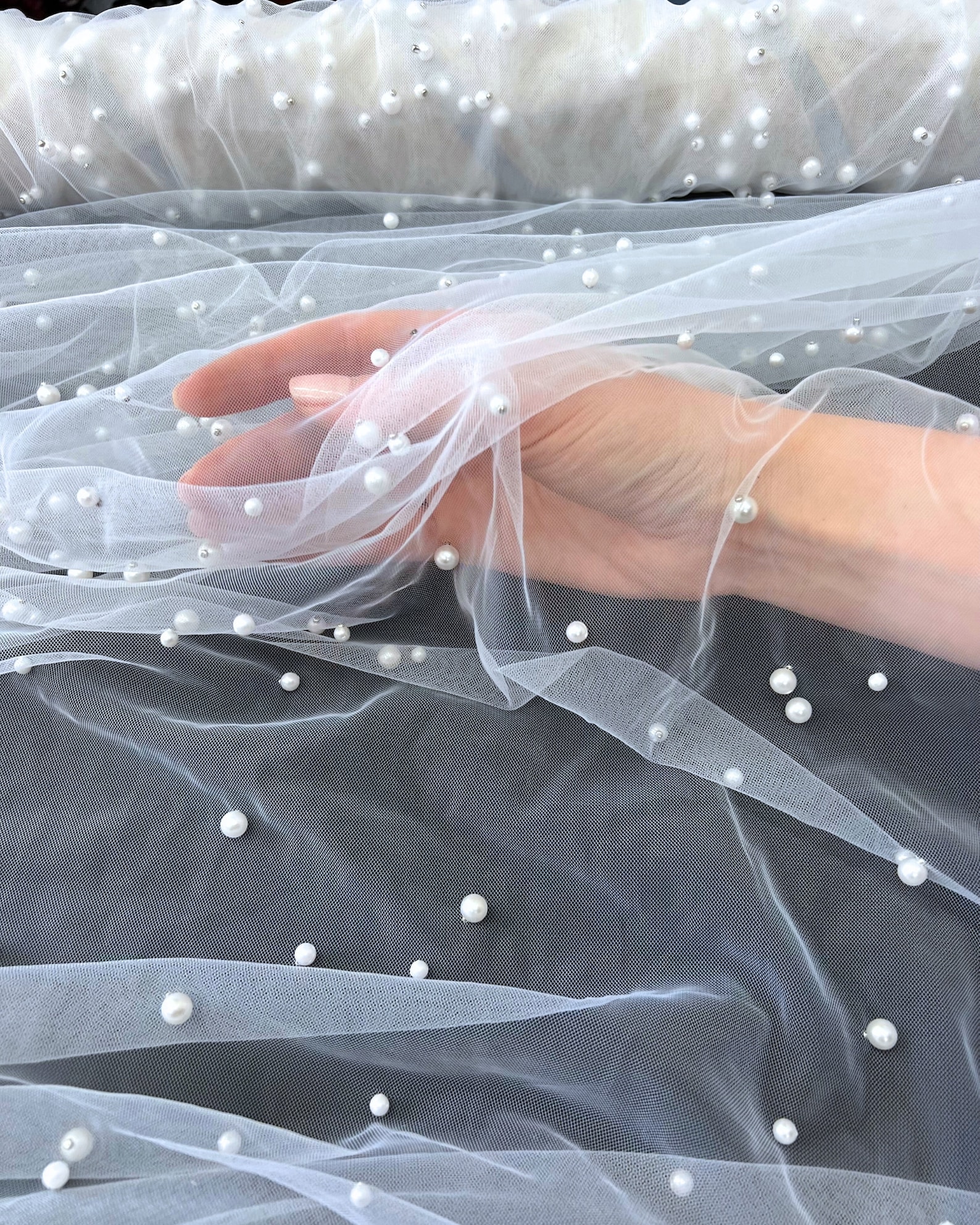 White Pearl Tulle Fabric, Scattered Pearls Studded Mesh, White Tulle ...