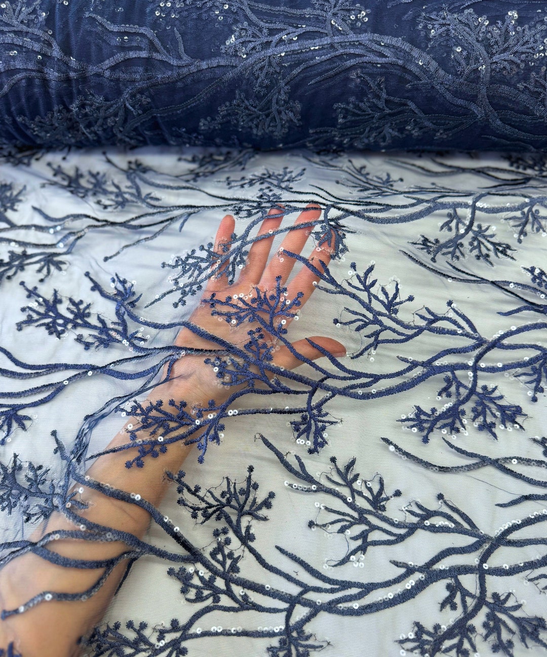 Navy Blue Lace Fabric, Dark Blue Embroidered Lace Fabric, Floral ...