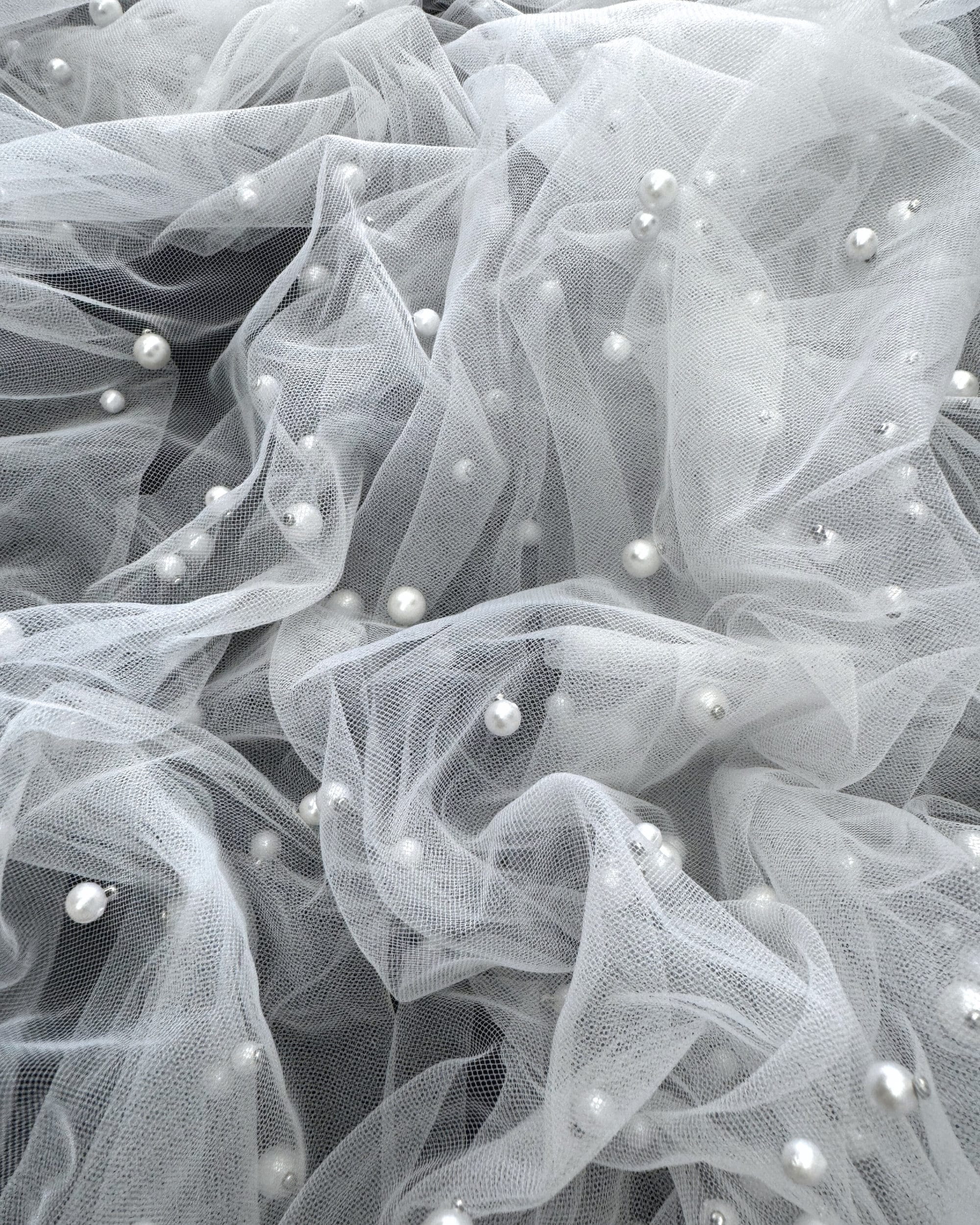 White Pearl Tulle Fabric, Scattered Pearls Studded Mesh, White Tulle ...