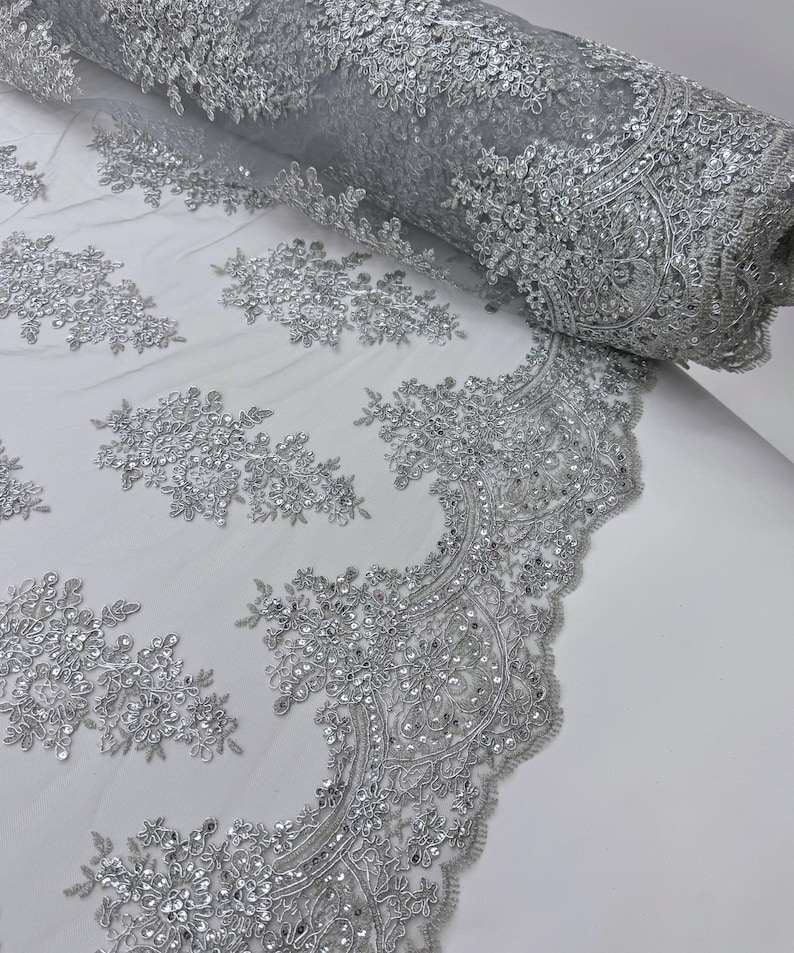 Silver Floral Lace by the Yard, Embroidered Silver Lace Fabric With ...