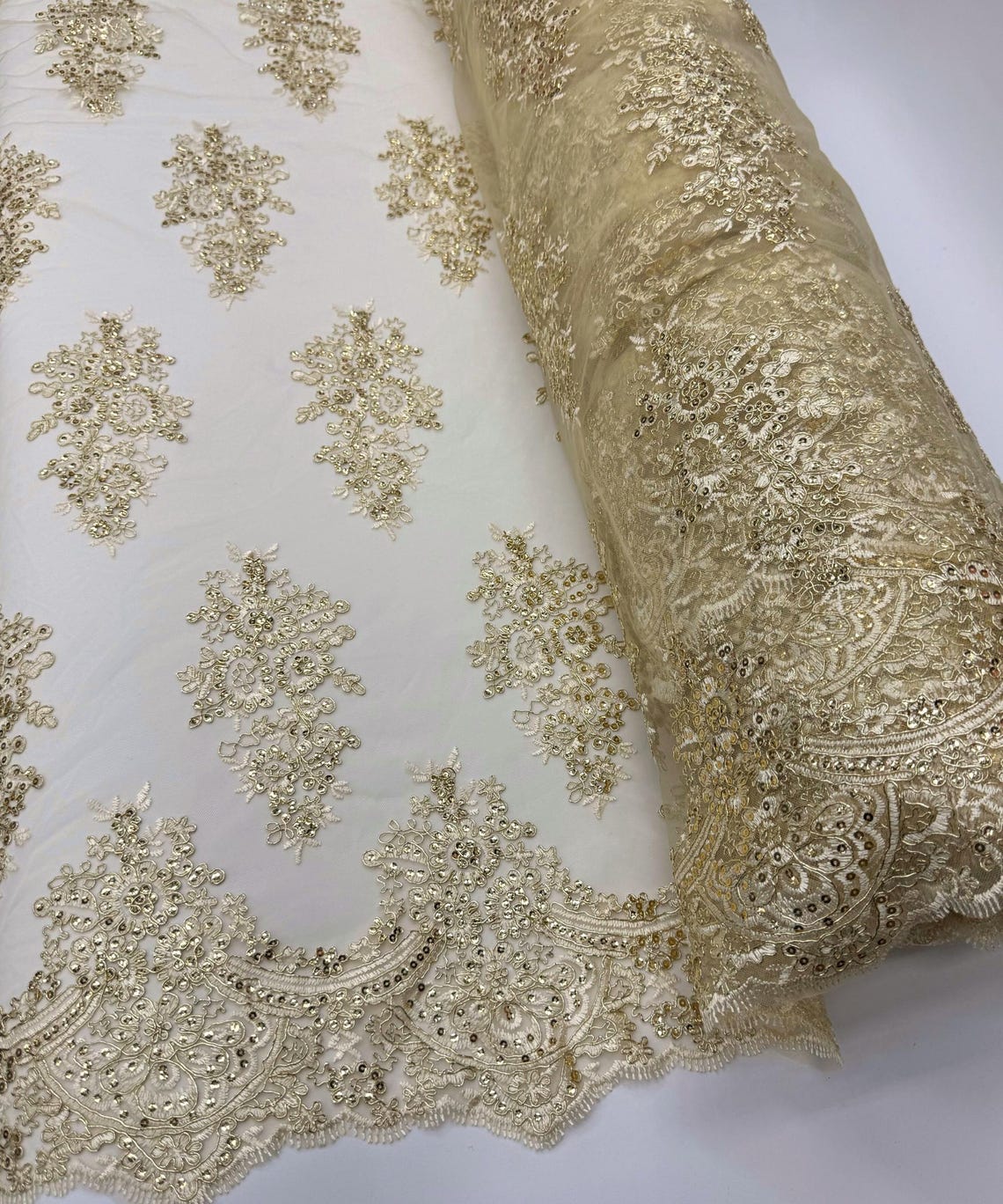 Gold Floral Lace by the Yard, Gold Embroidered Lace Fabric With Sequins ...