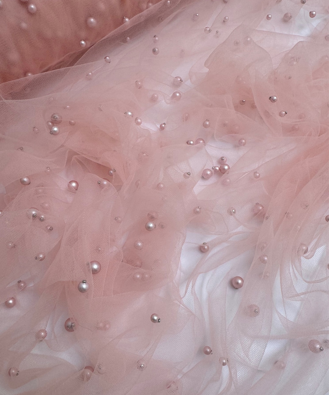 Blush Pearl Tulle Fabric, Scattered Pearls Studded Mesh, Blush Tulle ...