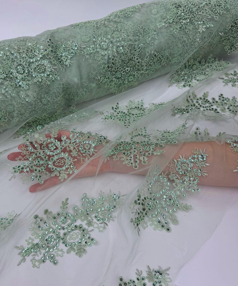 Sage Green Floral Lace by the Yard, Embroidered Sage Green Lace Fabric ...