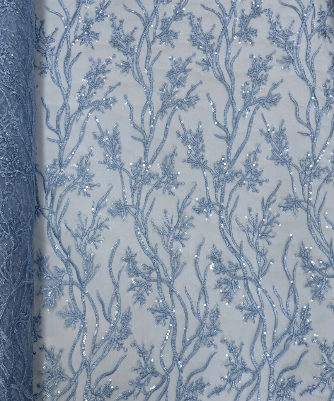 Light Blue Lace Fabric, Blue Embroidered Lace Fabric, Floral Embroidery ...