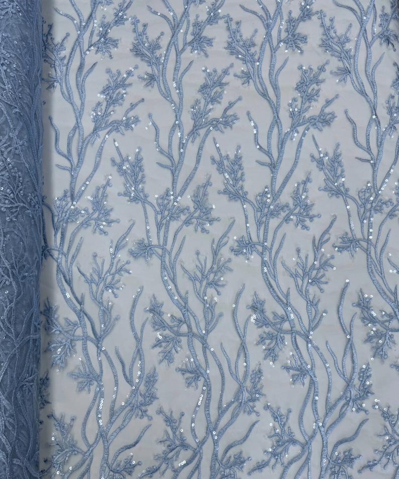 Light Blue Lace Fabric, Blue Embroidered Lace Fabric, Floral Embroidery ...