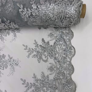 Silver Floral Lace by the Yard, Silver Embroidered Lace Fabric With ...