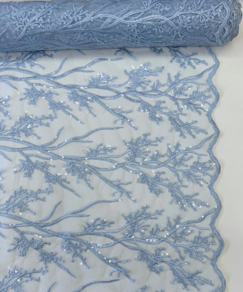 Light Blue Lace Fabric, Blue Embroidered Lace Fabric, Floral Embroidery ...