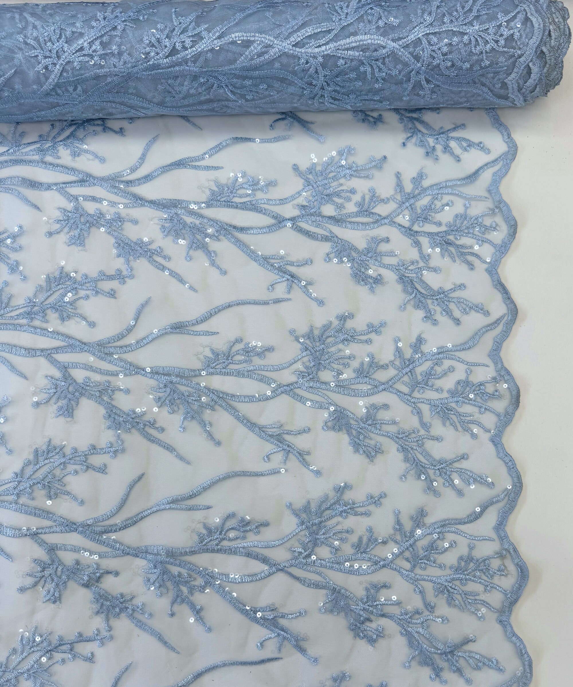 Light Blue Lace Fabric, Blue Embroidered Lace Fabric, Floral Embroidery ...