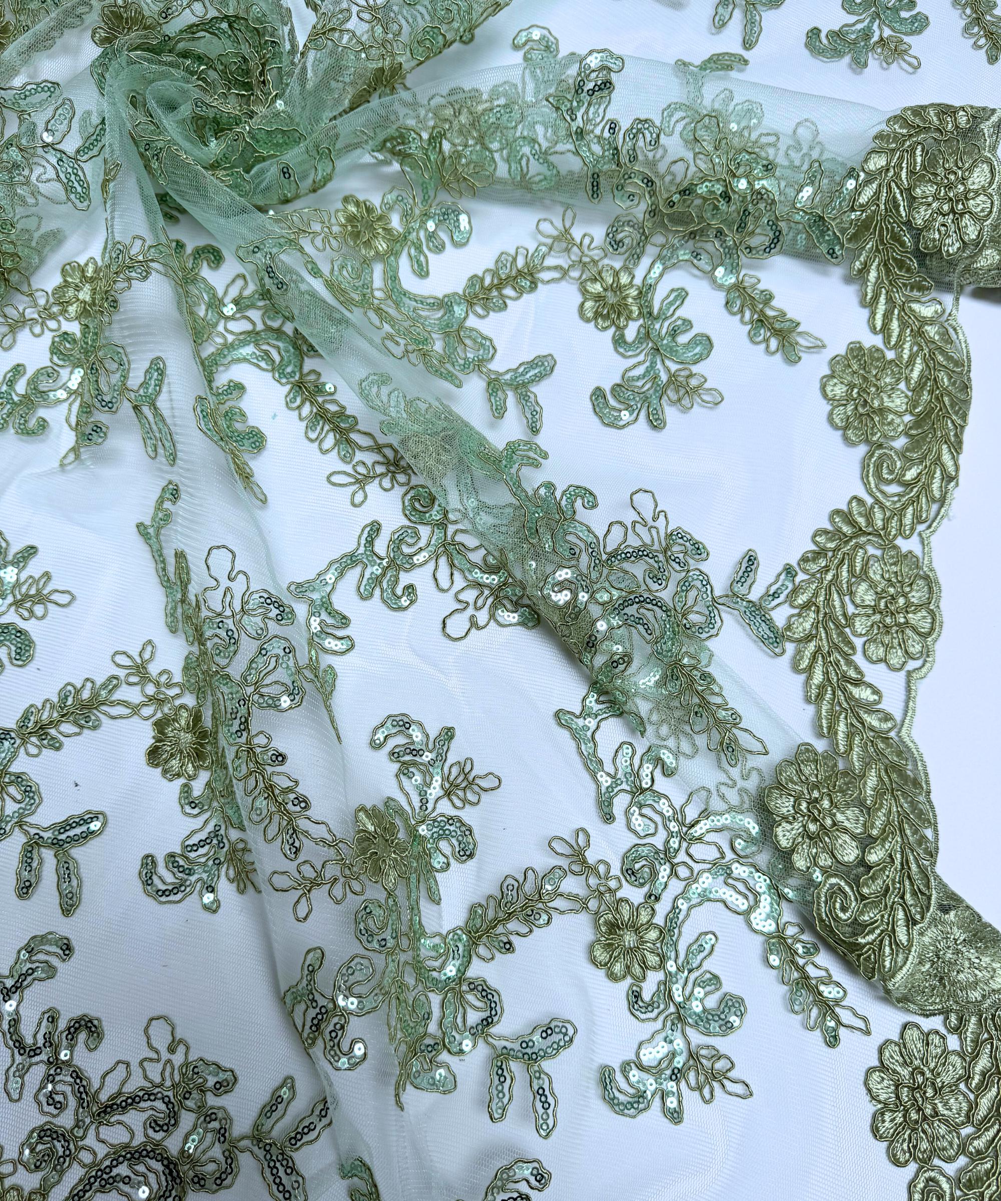 Floral Sage Green Lace Fabric by the Yard Sequined Embroidered on Sage ...