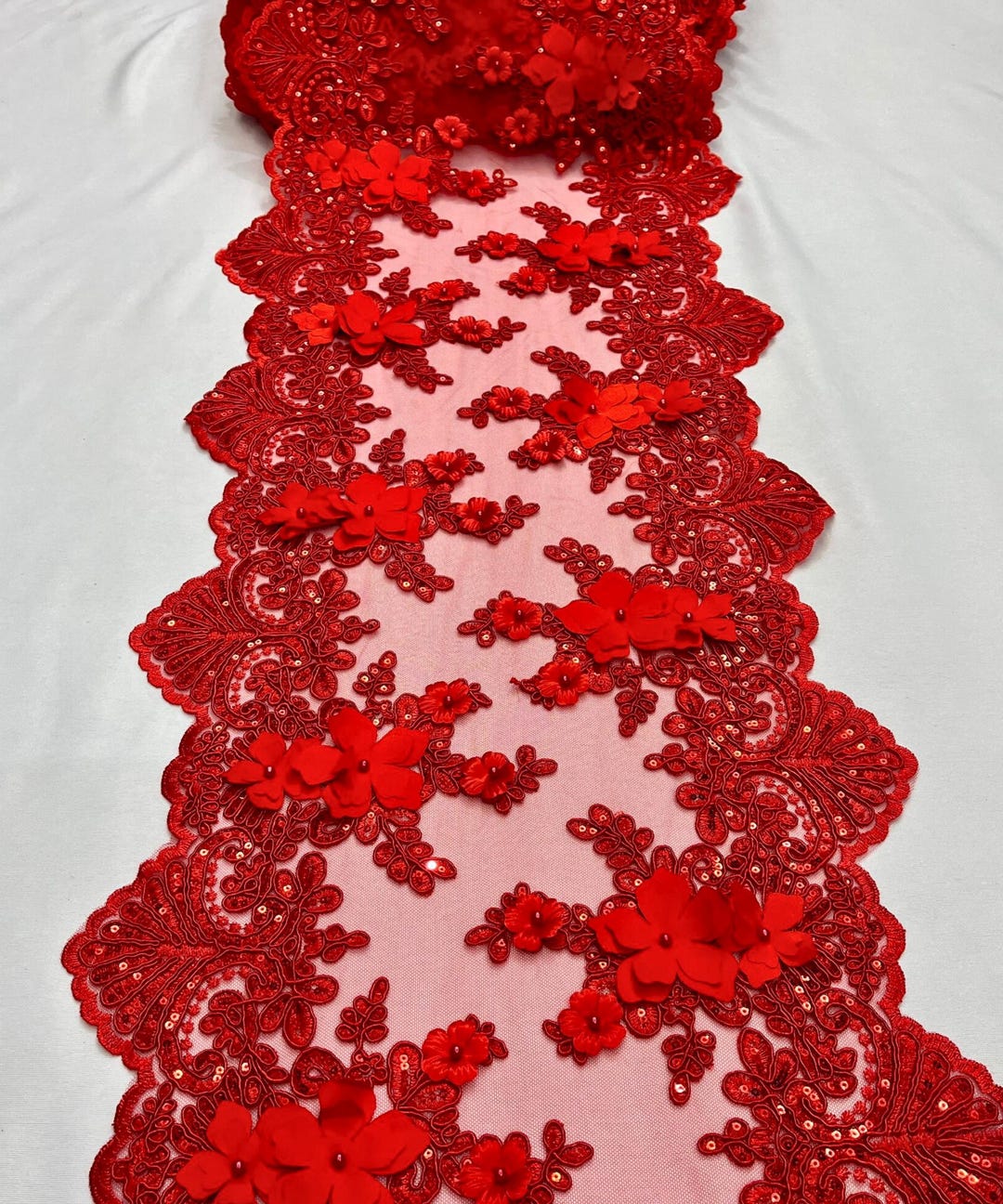 Red Beaded Lace Table Runner With Pearls and Sequins, 3D Embroideries ...