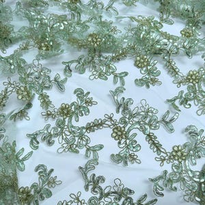 Floral Sage Green Lace Fabric by the Yard Sequined Embroidered on Sage ...
