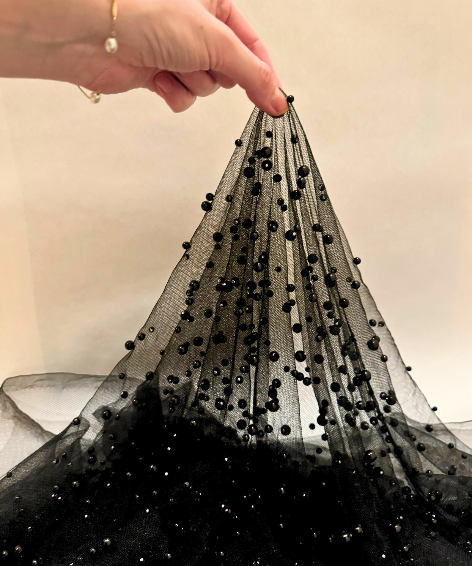 Black Pearl Tulle Fabric, Scattered Pearls Studded Mesh, Black Tulle ...