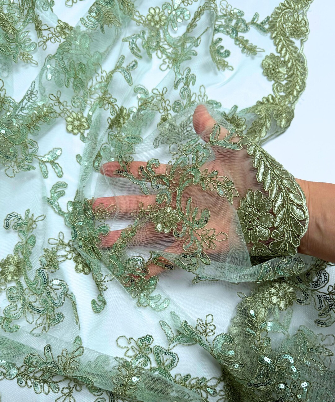 Floral Sage Green Lace Fabric by the Yard Sequined Embroidered on Sage ...