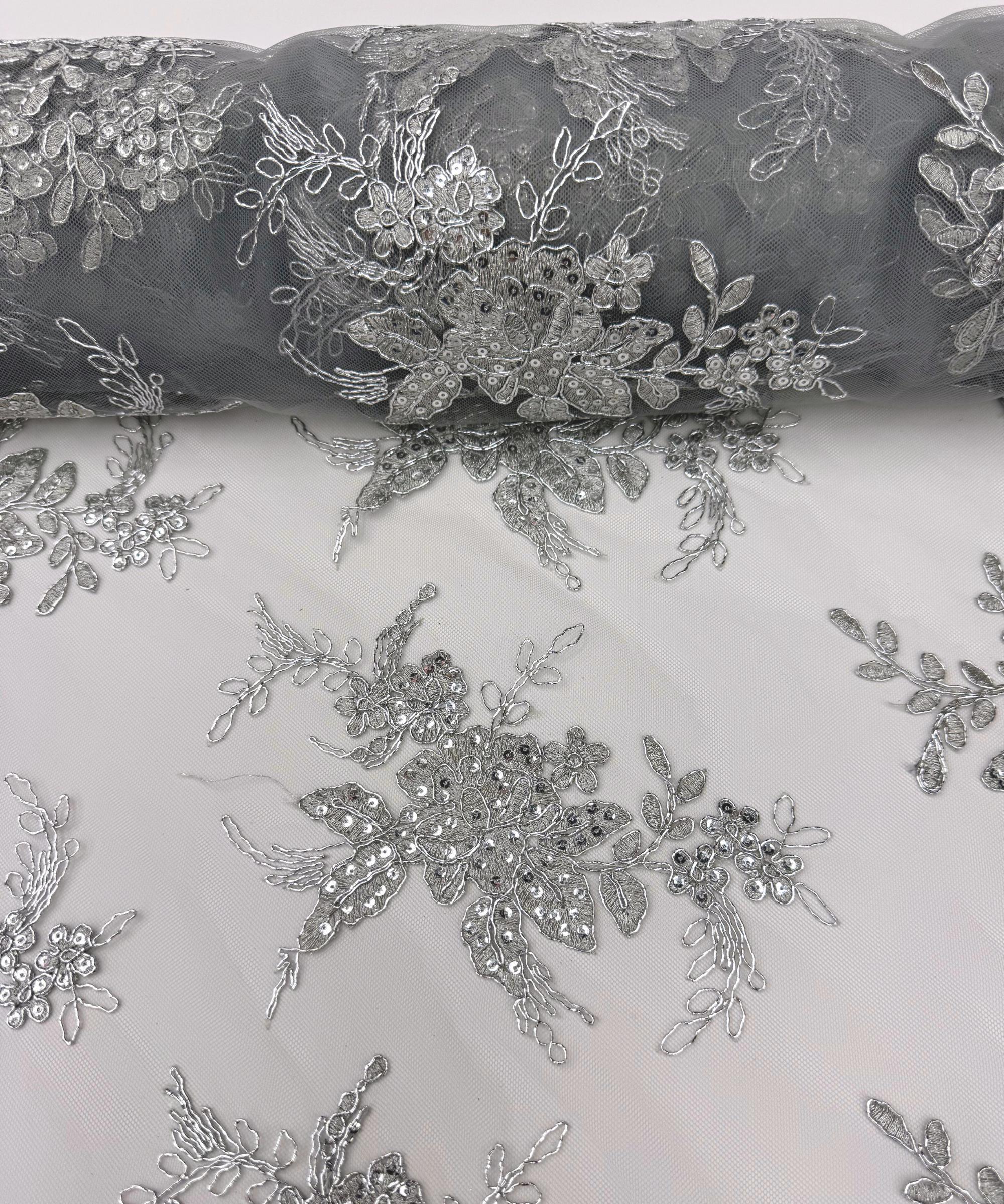 Silver Floral Lace by the Yard, Silver Embroidered Lace Fabric With ...