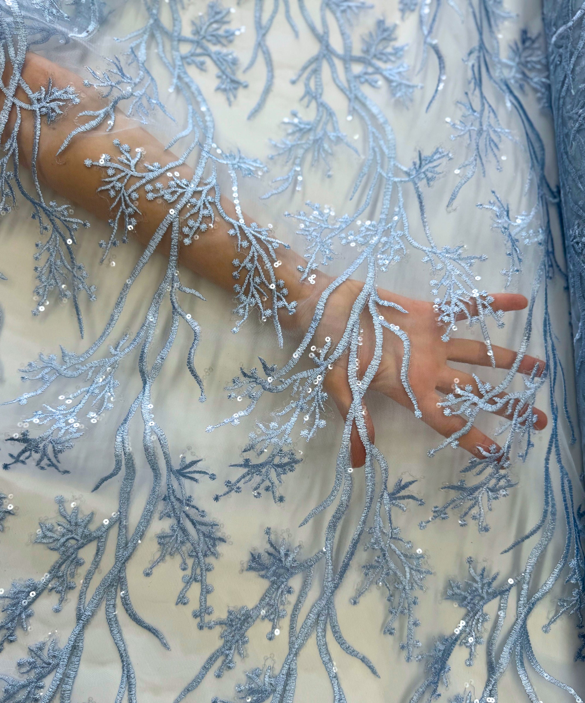 Light Blue Lace Fabric, Blue Embroidered Lace Fabric, Floral Embroidery ...