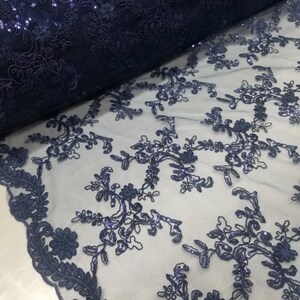 Floral Navy Blue Lace Fabric by the Yard Sequined Embroidered on Navy ...