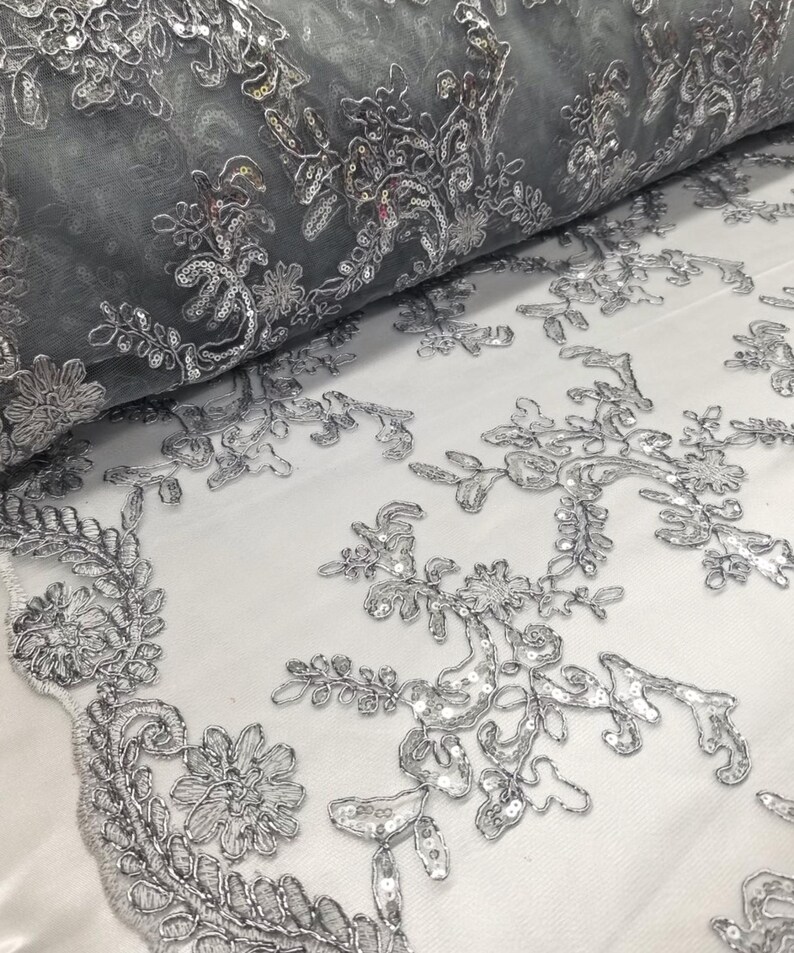 Metallic Silver Floral Lace by the Yard Embroidered Silver Lace Fabric ...