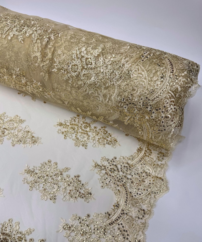 Gold Floral Lace by the Yard, Gold Embroidered Lace Fabric With Sequins ...