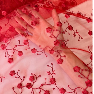 Red Embroidered Floral Lace Fabric, Floral Embroidery on Mesh Red Lace ...