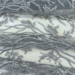 Silver Gray Lace Fabric, Silver Embroidery on Lace, Floral Embroidered ...