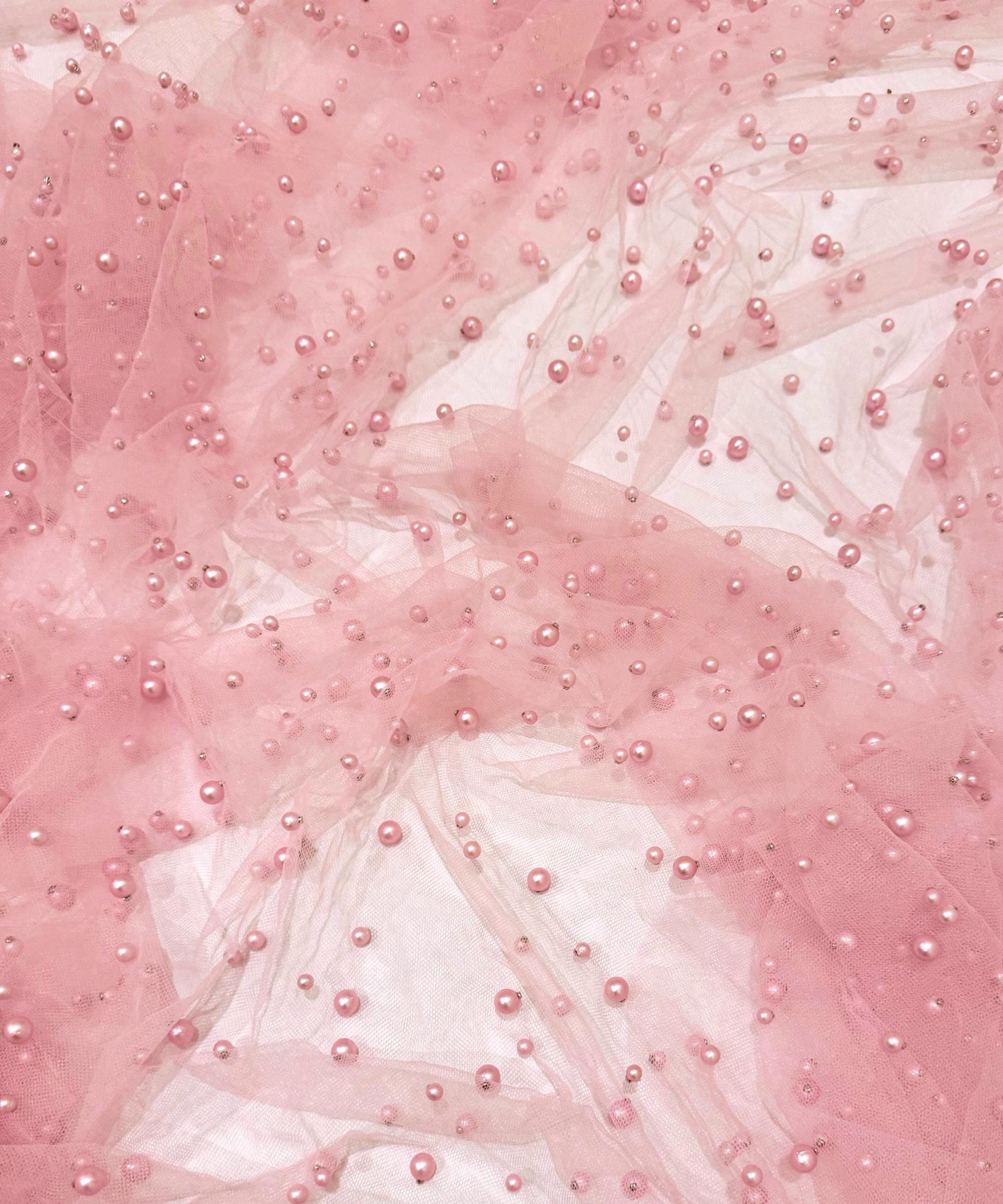 Pink Pearl Tulle Fabric, Scattered Pearls Studded Mesh, Pink Tulle Lace ...