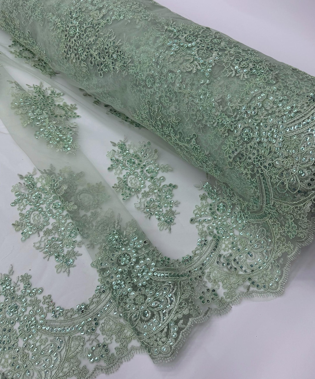 Sage Green Floral Lace by the Yard, Embroidered Sage Green Lace Fabric ...
