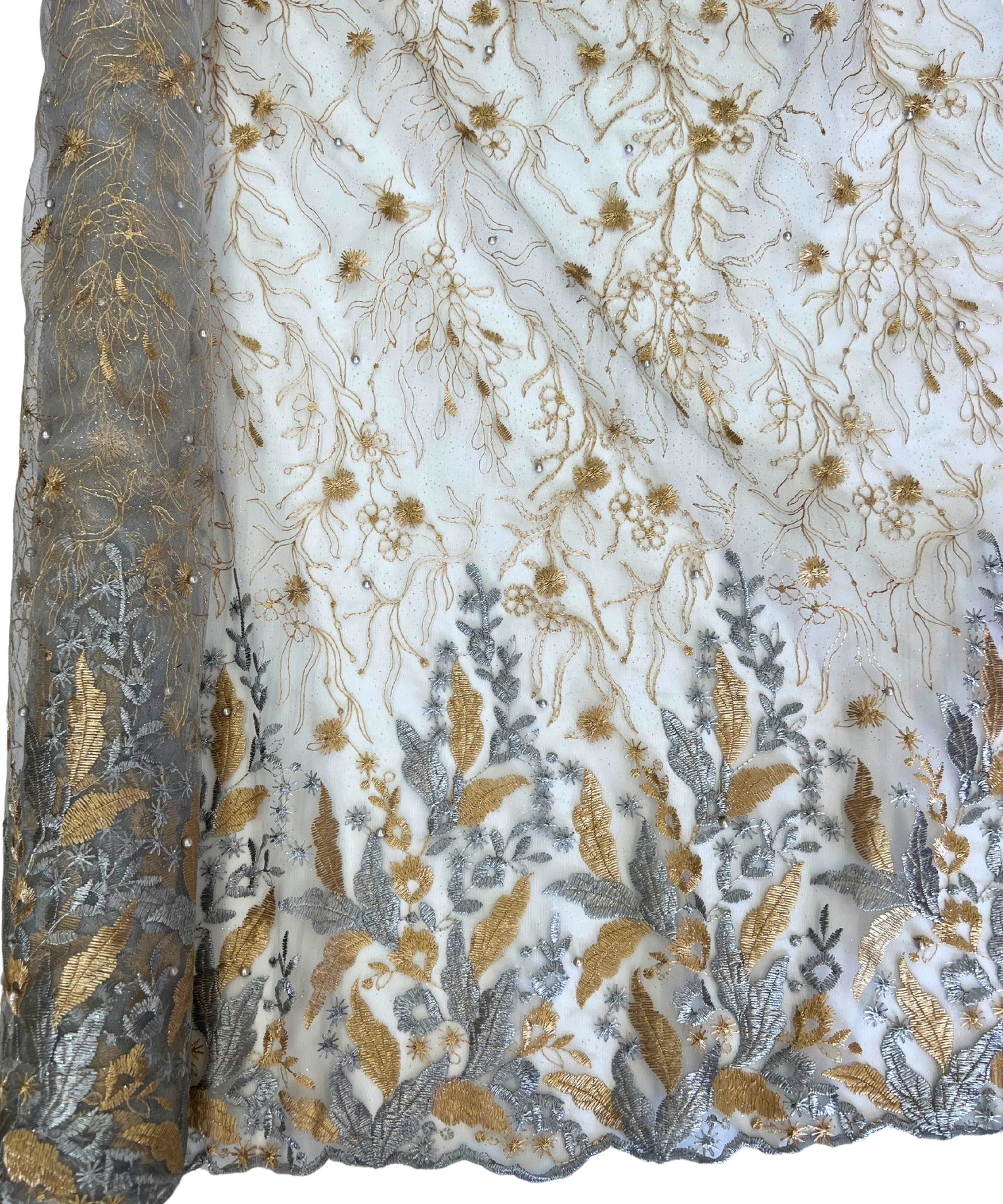 Gold Silver Embroidered Lace, Beaded Pearl Lace Fabric, Gold ...