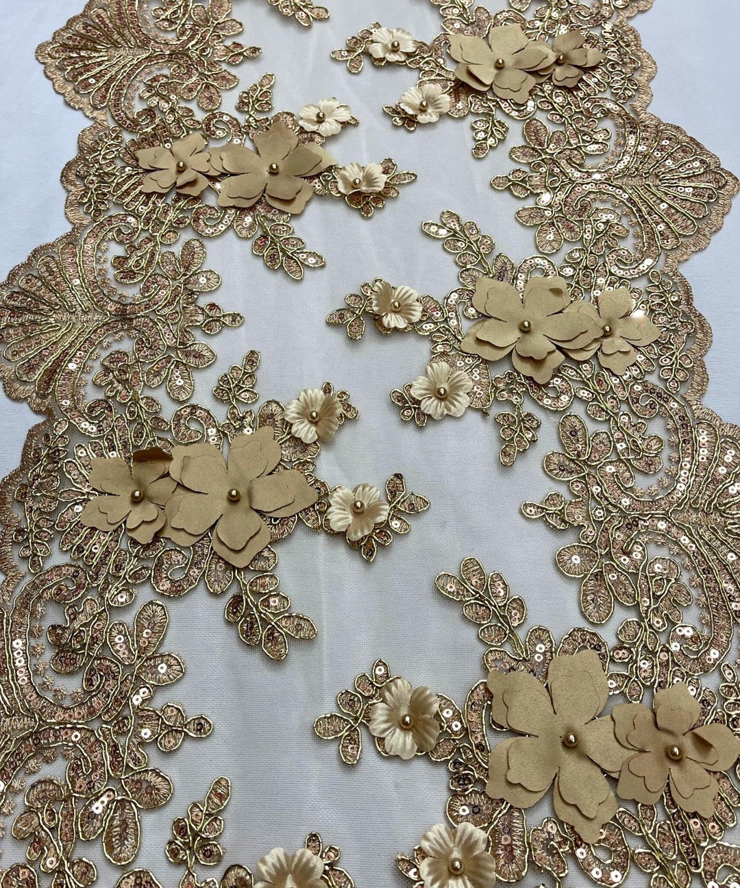 Gold Beaded Lace Table Runner With Pearls and Sequins, 3D Embroidered Lace Fabric, Gold Trim ...