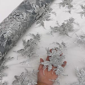Silver Floral Lace by the Yard, Silver Embroidered Lace Fabric With ...