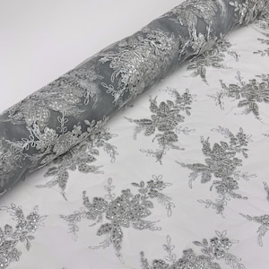 Silver Floral Lace by the Yard, Silver Embroidered Lace Fabric With ...