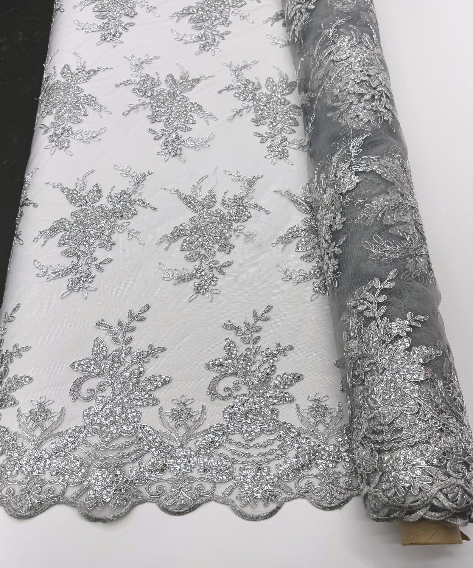Silver Floral Lace by the Yard, Silver Embroidered Lace Fabric With ...