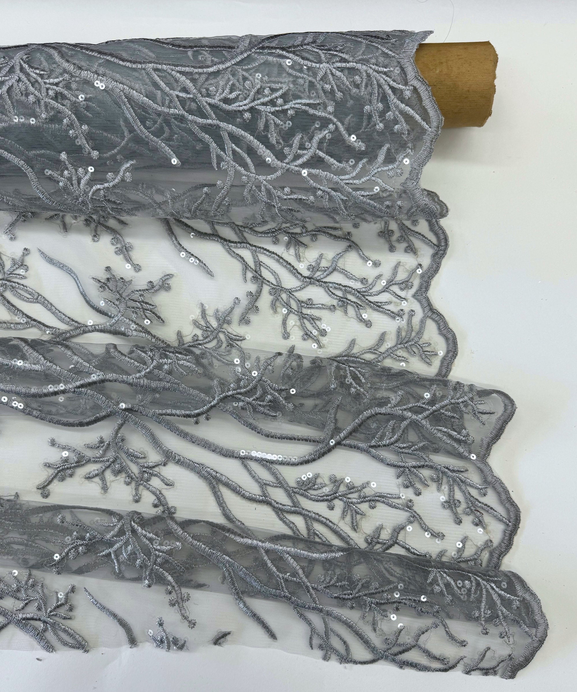 Silver Lace Fabric, Silver Embroidery on Lace, Floral Embroidered Lace ...