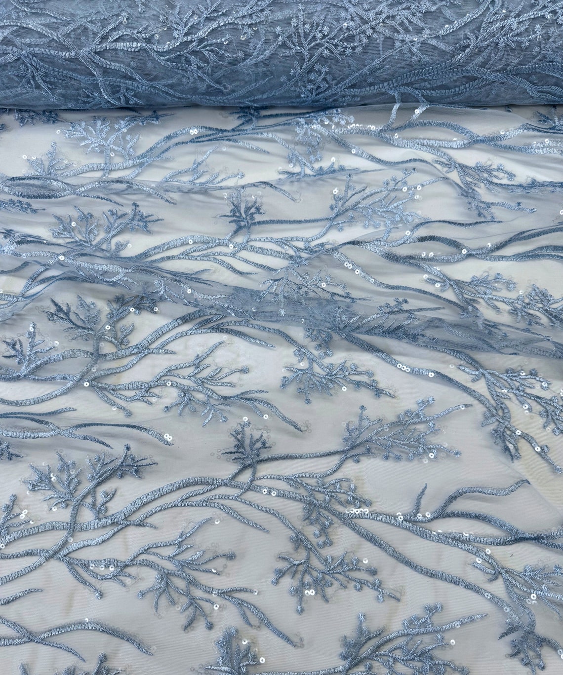 Light Blue Lace Fabric, Blue Embroidered Lace Fabric, Floral Embroidery ...