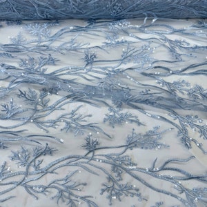 Light Blue Lace Fabric, Blue Embroidered Lace Fabric, Floral Embroidery ...