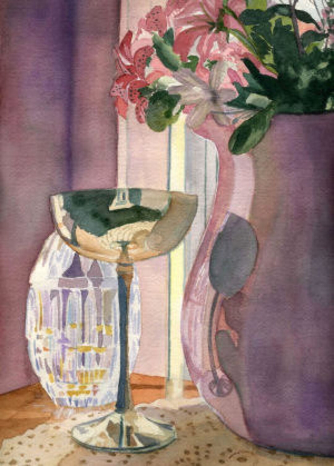 Watercolor Still Life Antique Pitcher Silver Glass Reflections Giclee ...