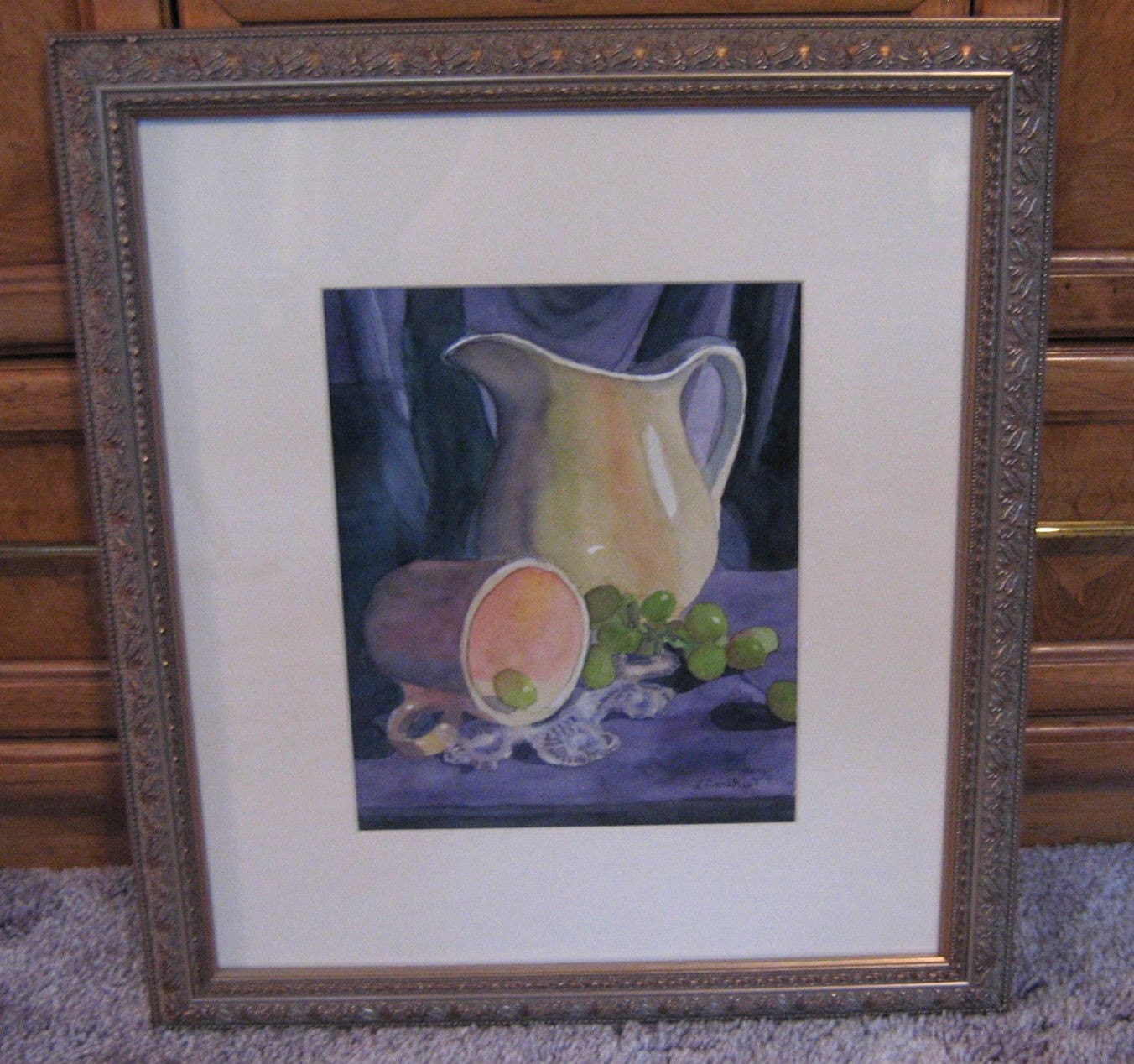 Watercolor Still Life Painting Purple Blue Pitcher Grapes Original ...