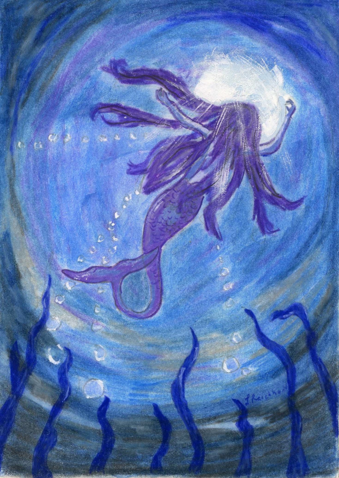 Original Mermaid Ocean Color Pencil Painting 5 X 7 Blue Purple - Etsy