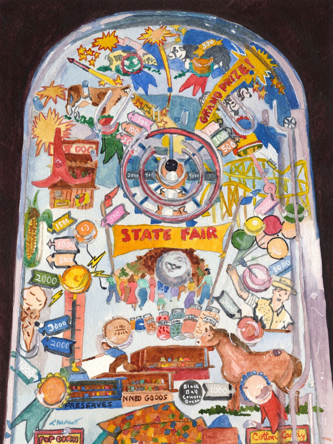 Vintage Antique Pinball Game Marbles, Toy Fine Art Watercolor Giclee ...