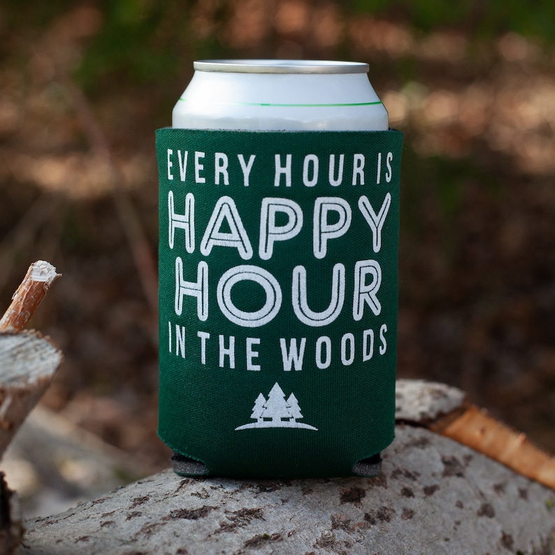 Beer Can Coolie, Happy Hour in the Woods, Drink Holder for Camping ...