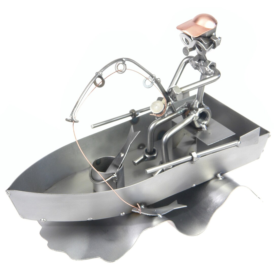 Nuts and Bolts Sculpture Fisherman With Boat - Handmade Metal Ornament ...