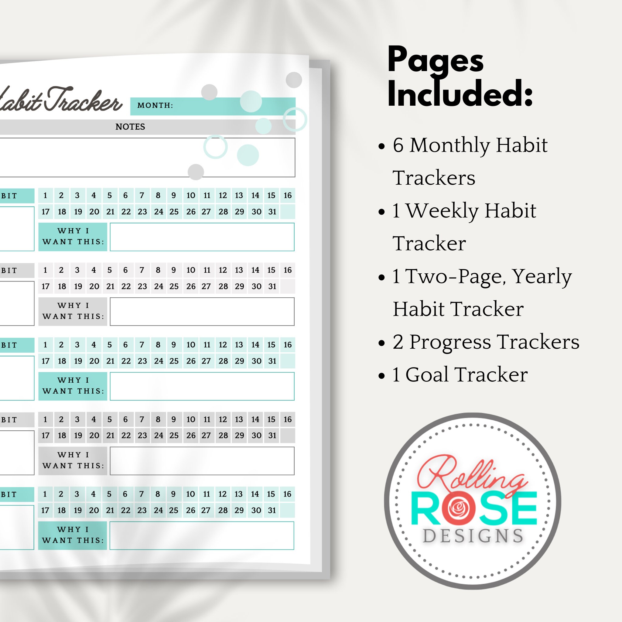 Habit Trackers Printable PDF Goal Tracker Progress Tracker Weekly Habit ...