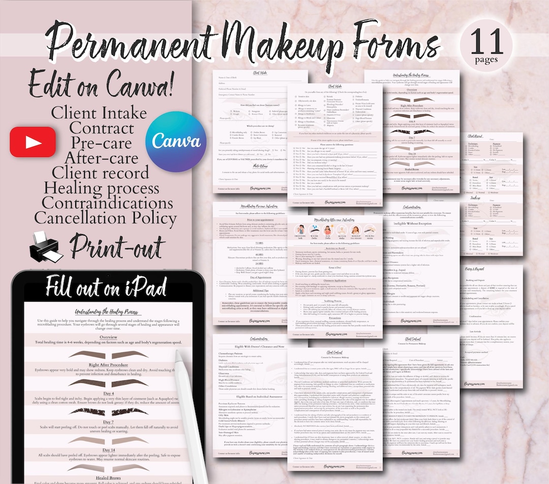 Permanent Makeup Forms: Client Intake, Contract (canva Editable, 11 ...