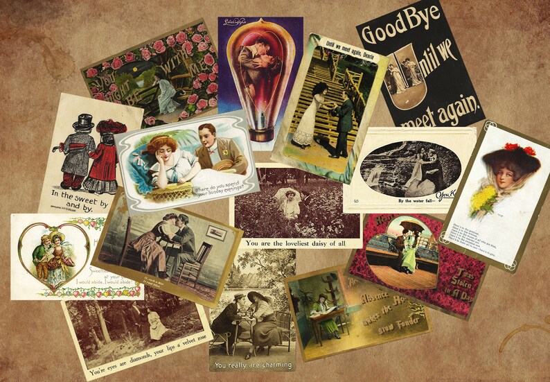 Digital Printable Vintage Postcards, Features Couples in Love, Antique ...
