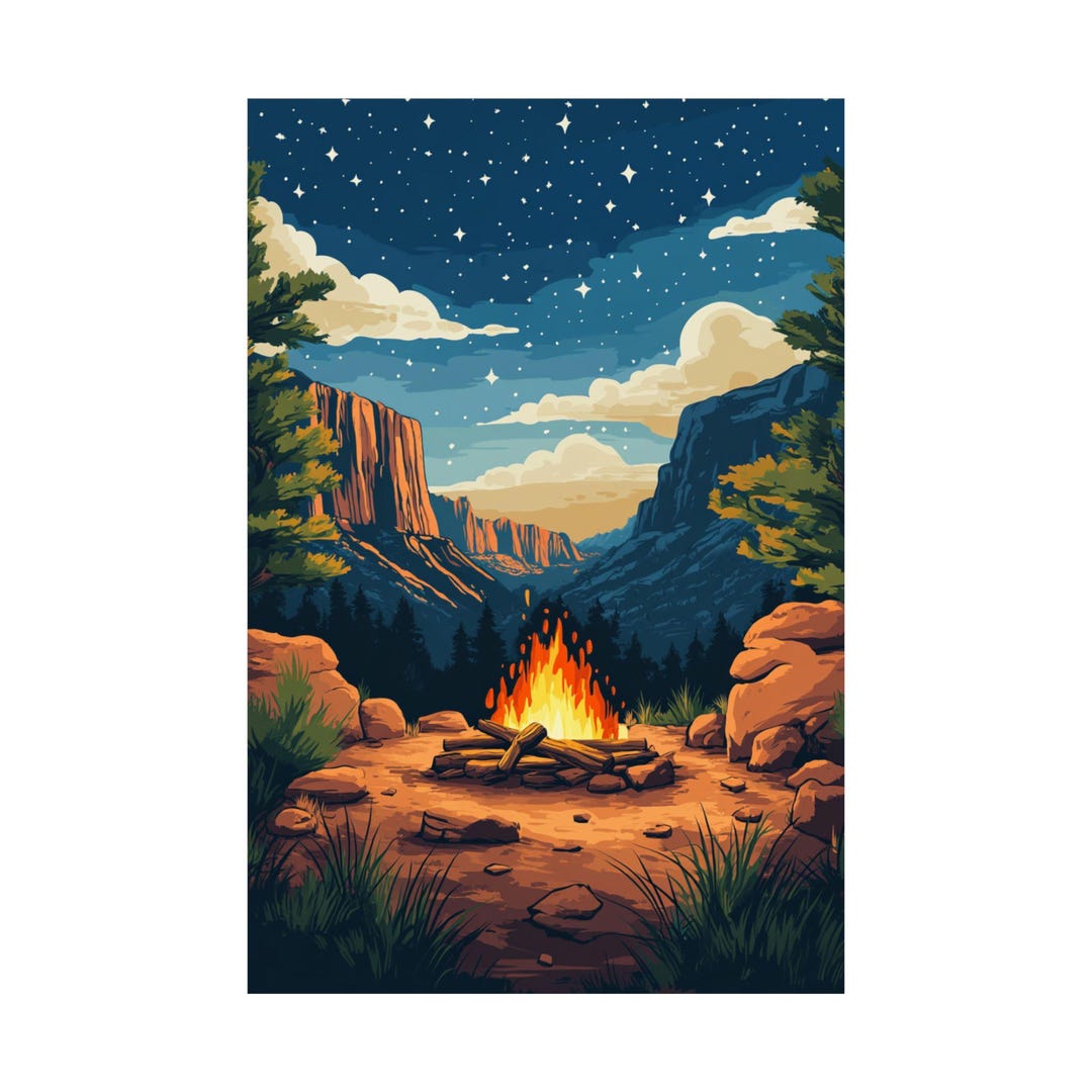 Campfire Wilderness Nature Landscape Poster, National Park Art for ...