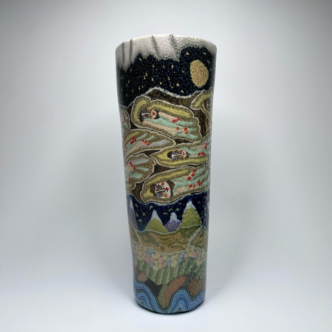 Vintage Jane Peiser Tall Ceramic Vase - Gold Landscape - Etsy