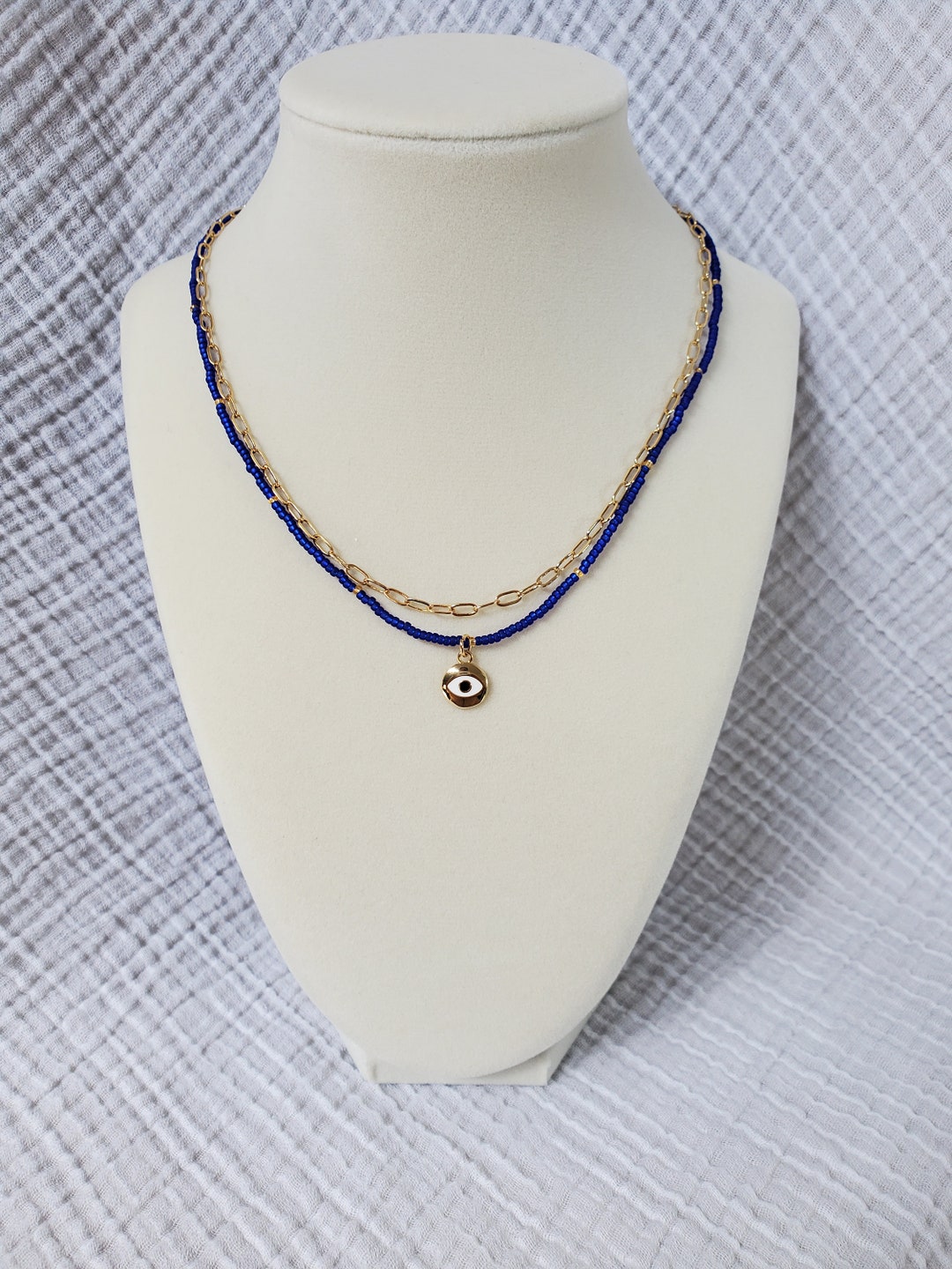 Double Layered Evil Eye Pendant / Gold Paperclip Chain Choker - Etsy